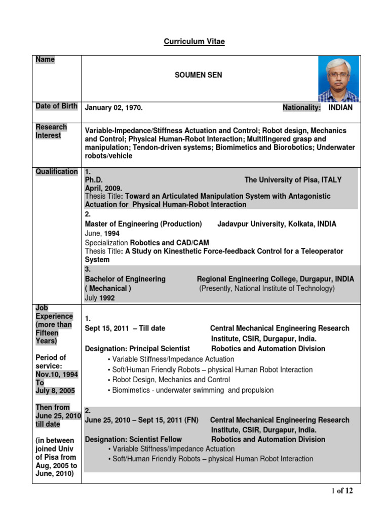 CV Soumen Sen | Download Free PDF | Robotics | Robot