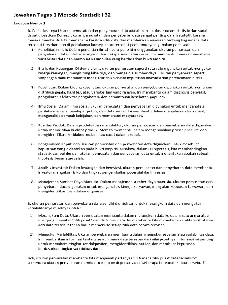 Jawaban Tugas 1 Metode Statistik I 32 | PDF