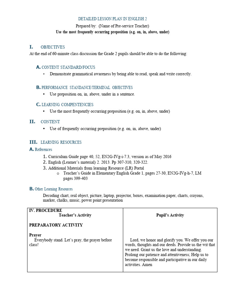 Detailed LP Preposition | PDF | English Language | Teachers