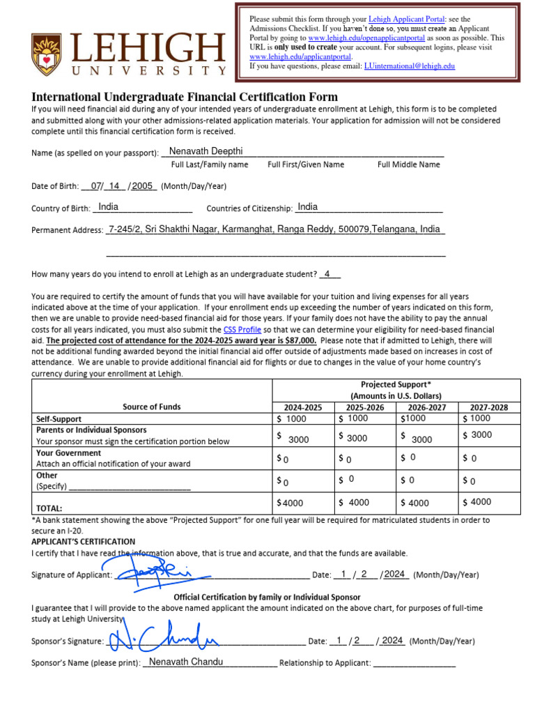 Lehigh Financial Certification Form | PDF | Student Financial Aid In ...