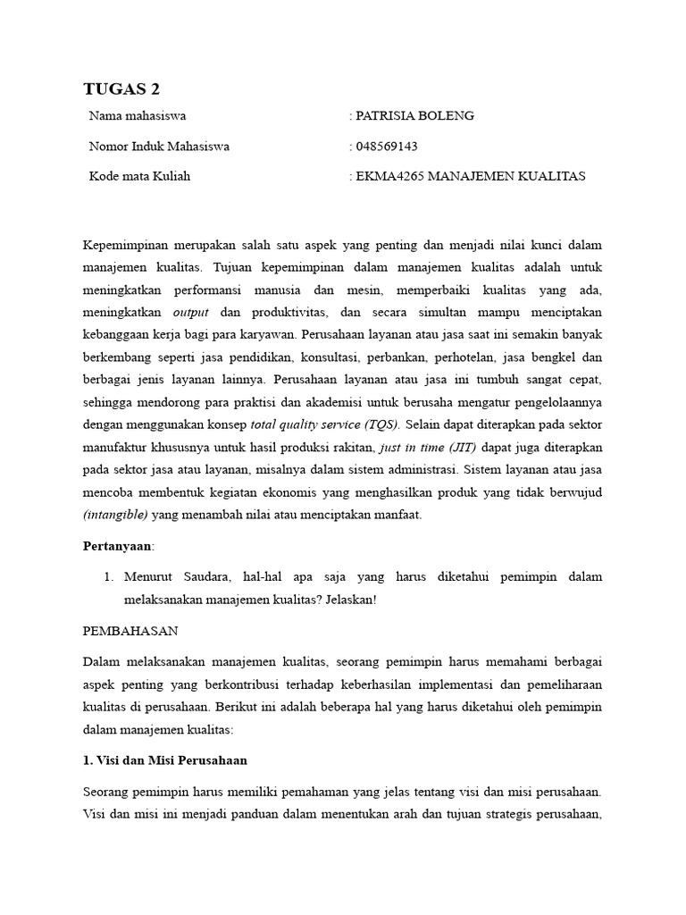 Tugas 2 Tuton Ekma4265 Manajemen Kualitas | PDF | Bisnis