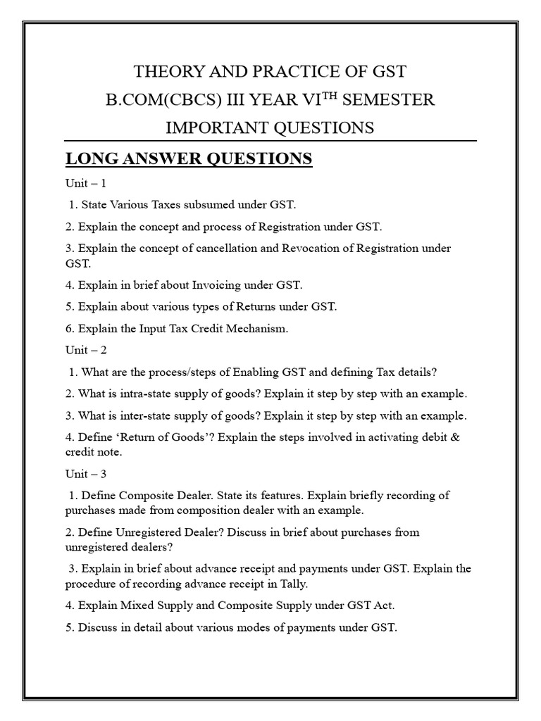 Theory and Practice of GST Important Questions | PDF