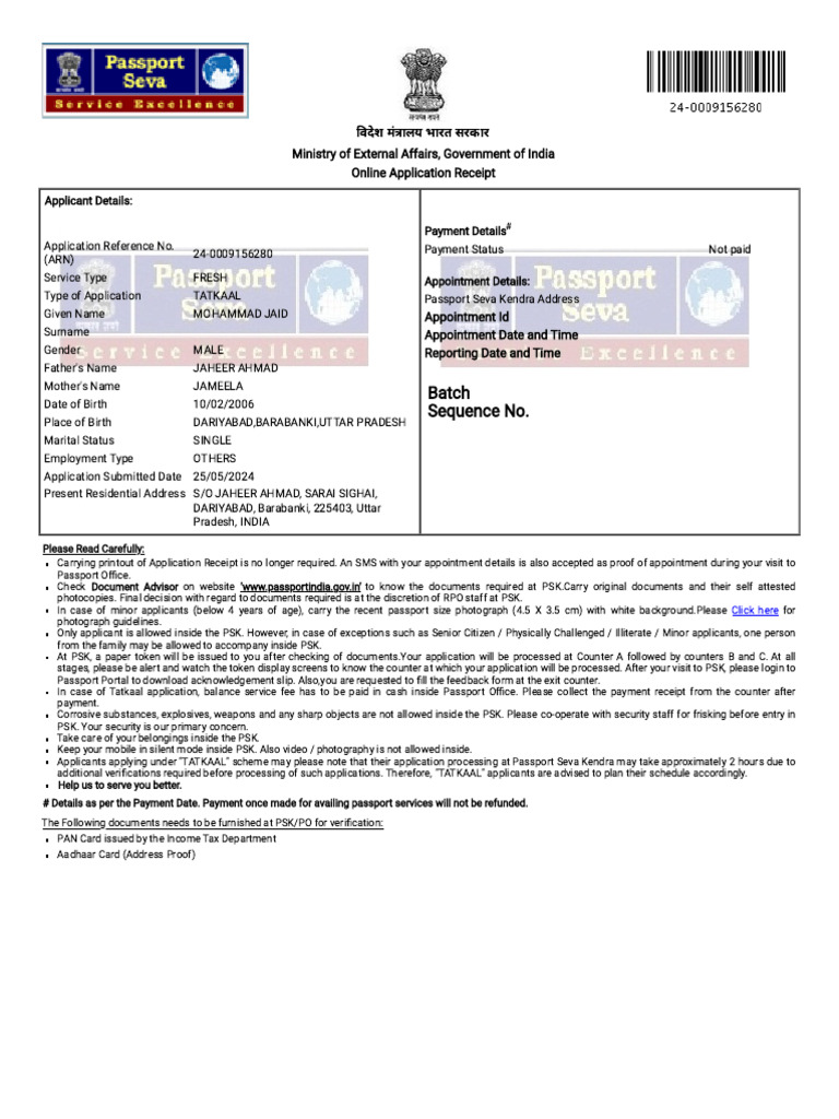 JaidAppointment Receipt | PDF | Identity Document | Passport