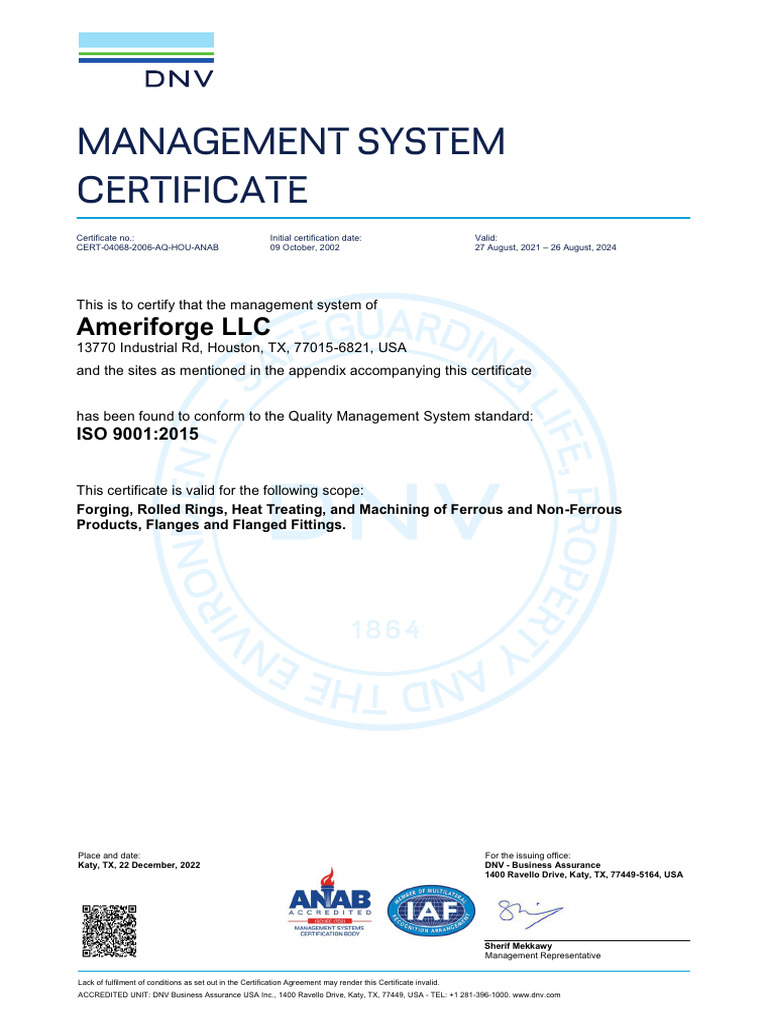 Ameriforge-ISO-9001-CERT-ANAB | PDF | Business Process | Quality Management