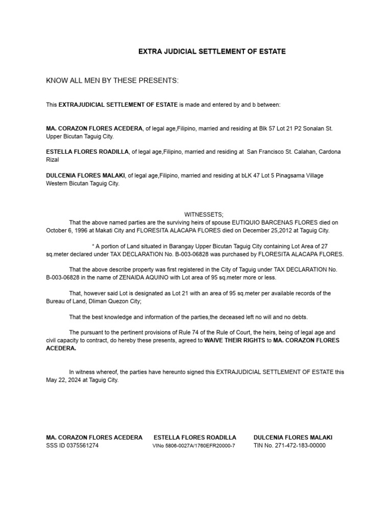 Extrajudicial Settlement of Estate Document | PDF | Civil Law (Common ...