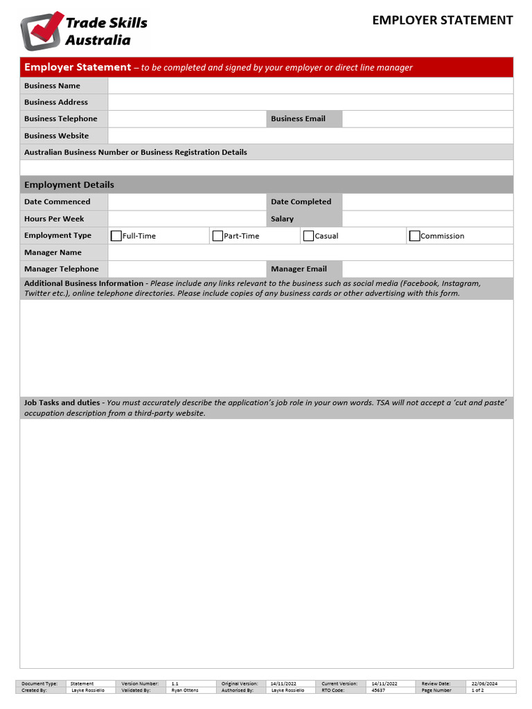 TSA Employer Statement Form-1 | PDF | Employment