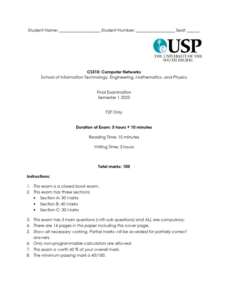 CS310 Exam Question Paper + Answer Booklet S1 2023 (May 10th 2023) | PDF | Transmission Control ...