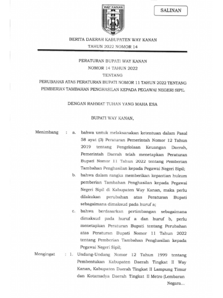 Perubahan TPP PNS Way Kanan 2022 | PDF