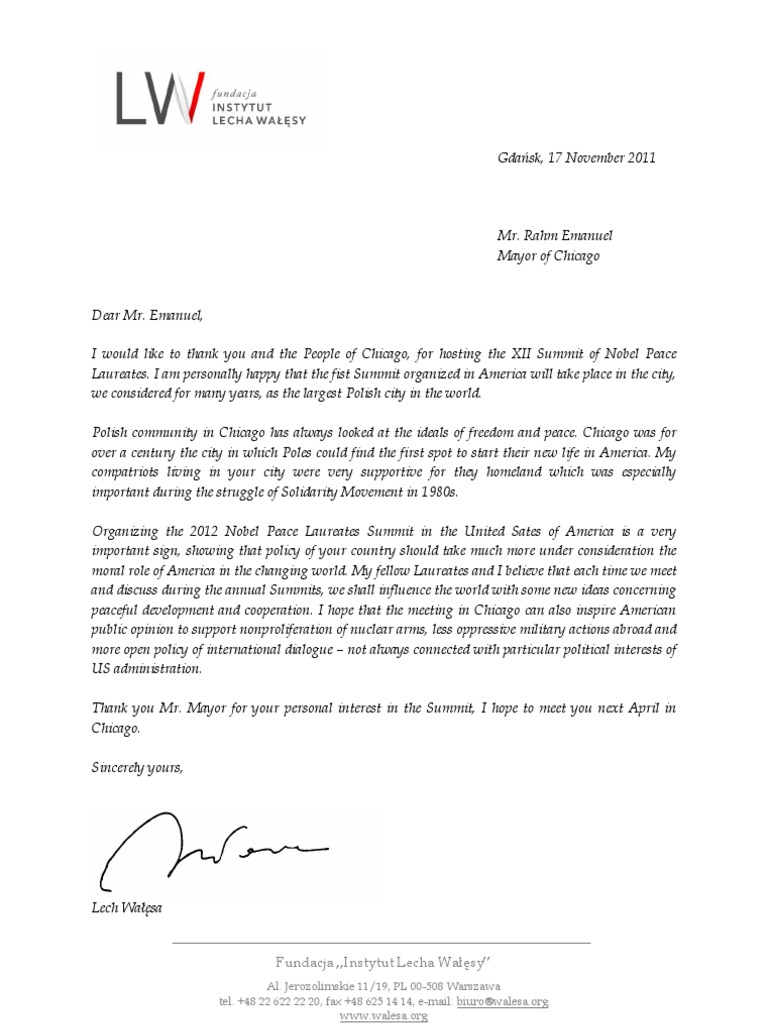 Wałęsa's Letter to Chicago Mayor on Summit | PDF | History