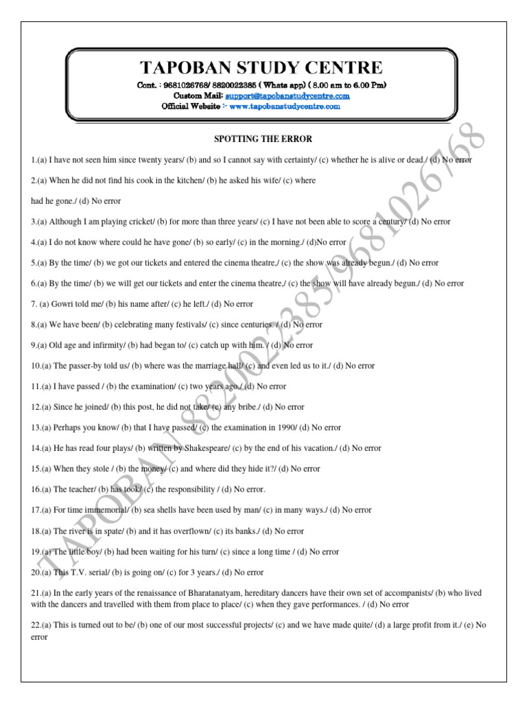 SPOTTING THE ERROR - TENSE (Classwork) | PDF