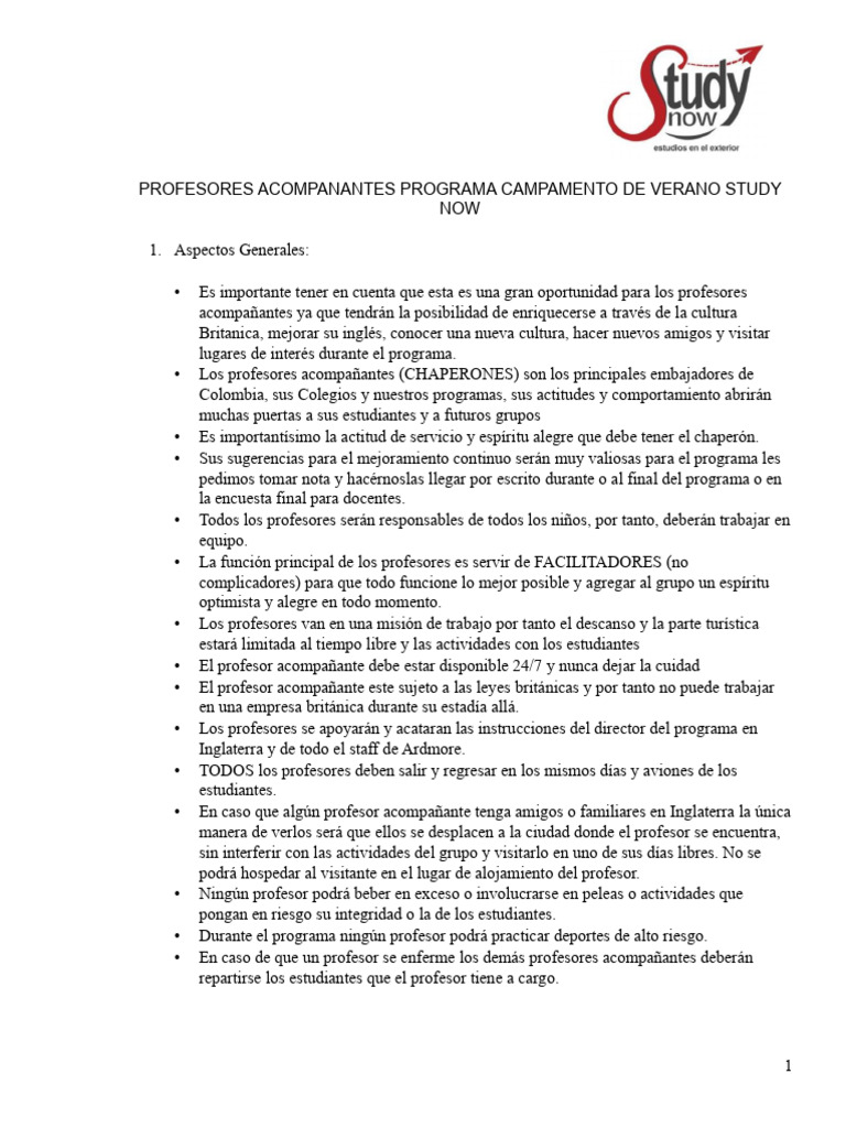 Lineamientos Profesores Programa Campamento de Verano UK | PDF