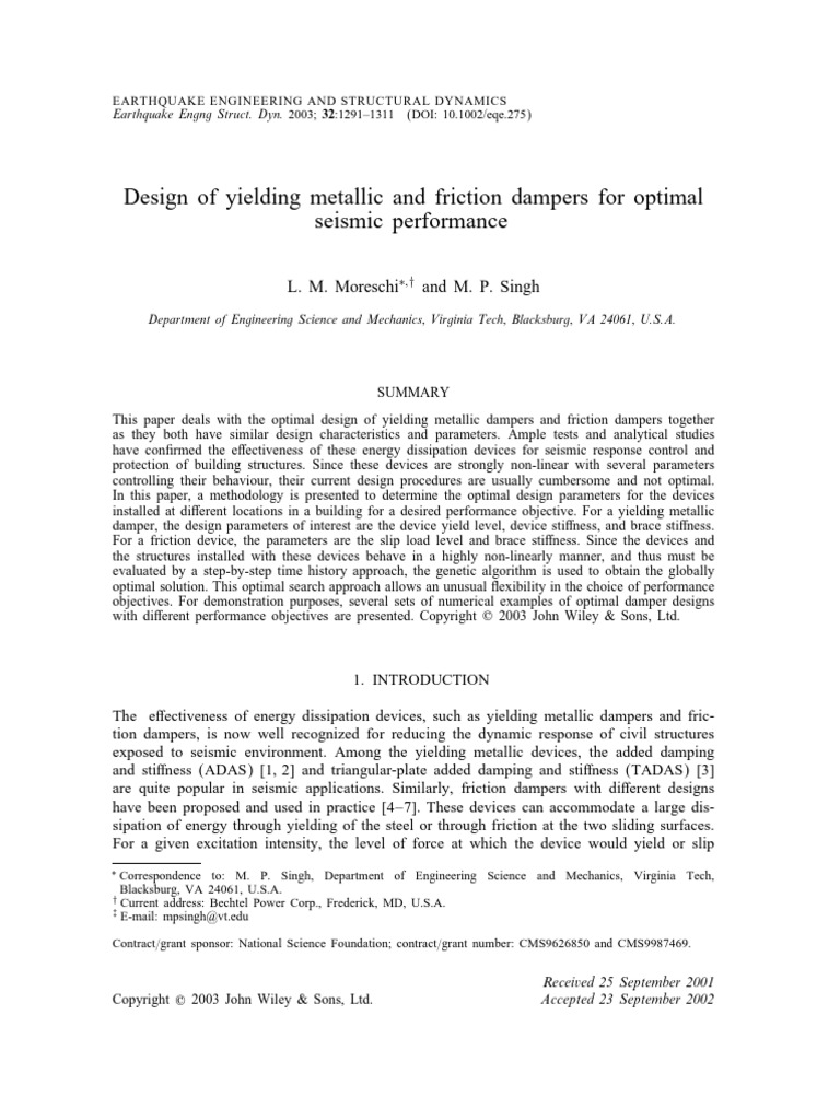 Design Of Yielding Metallic And Friction Dampers For Optimal Pdf Mathematical Optimization