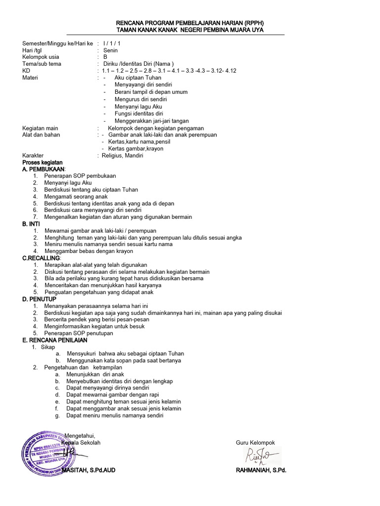 RPPH Tema Diri Sendiri Usia 5-6 Tahun Semester I - 063920 - 090703 ...