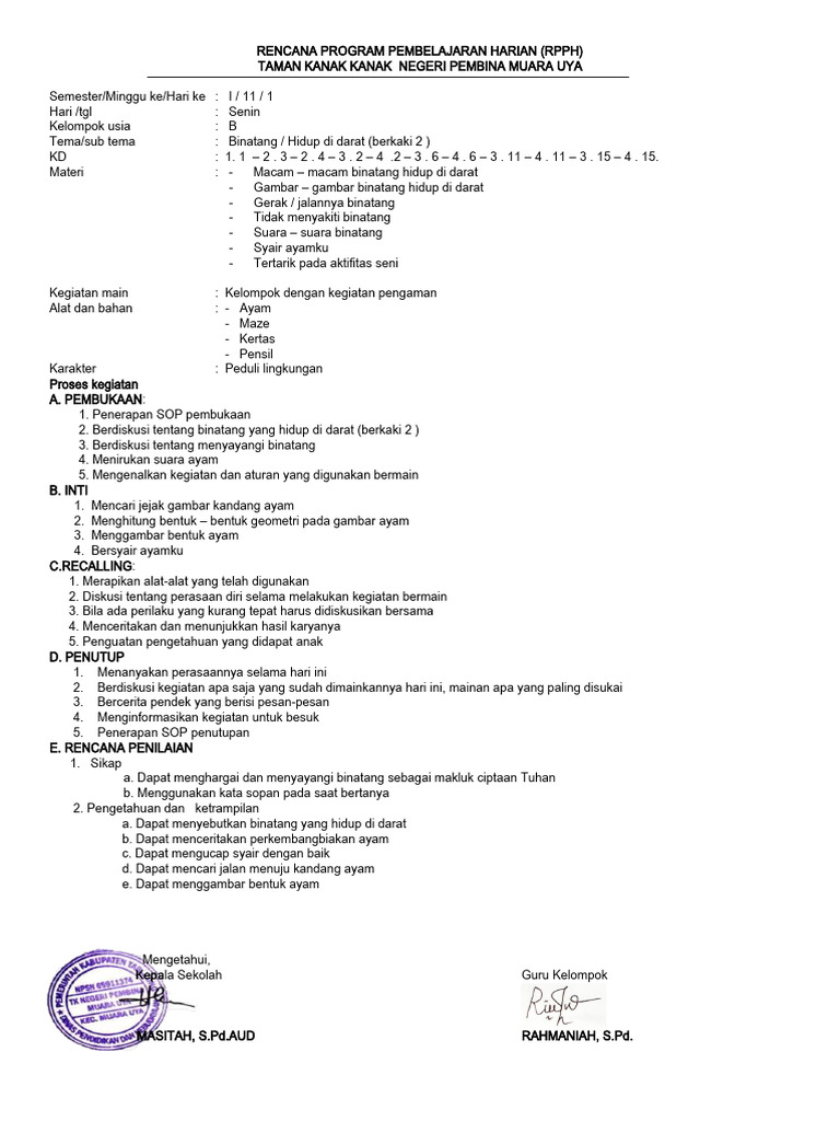 RPPH Tema Binatang untuk TK B | PDF