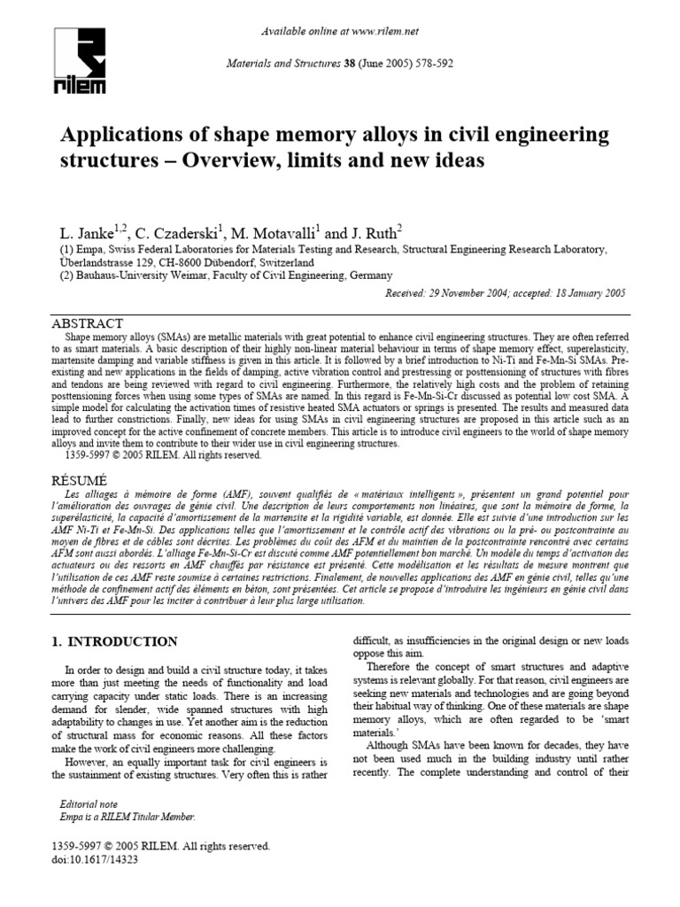 Applications of Shape Memory Alloys in Civil Engineering Structures ...