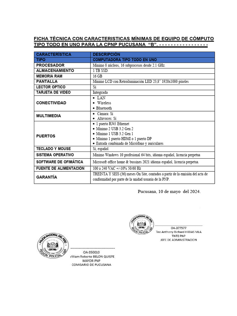 Ficha Técnica Con Caracteristicas Mínimas de Equipo de Cómputo Tipo Todo en Uno para La CPNP ...