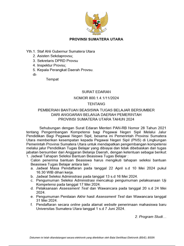 Beasiswa Tugas Belajar PNS Sumut 2024 | PDF