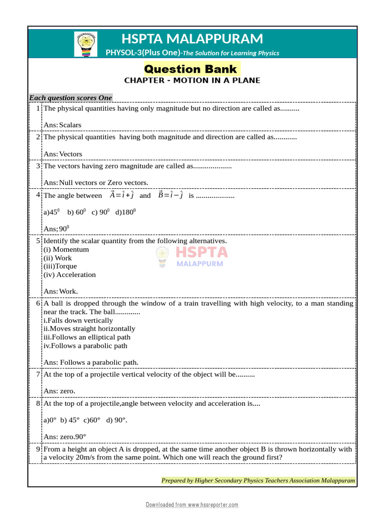 Hspta - CH 4 Question Bank-2022-Hssreporter | PDF | Euclidean Vector | Acceleration