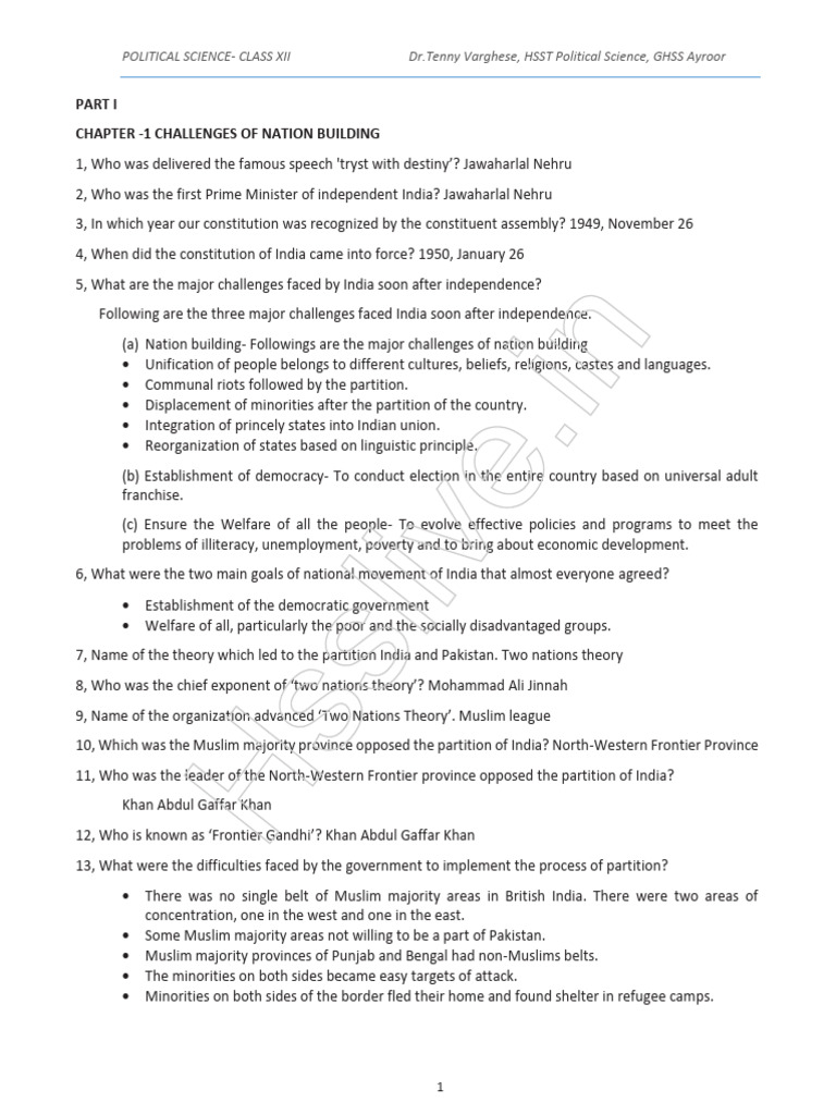 Political Science Notes for Class XII | PDF | Politics Of India