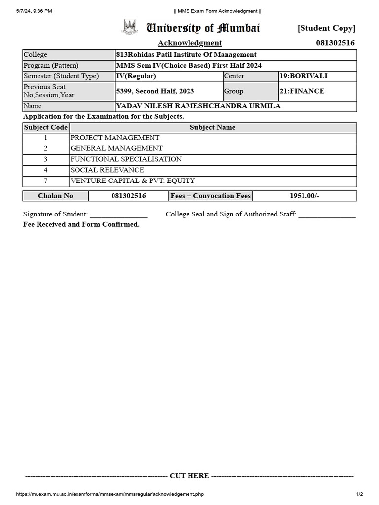 __ MMS Exam Form Acknowledgment __ | PDF | Educational Stages | Qualifications