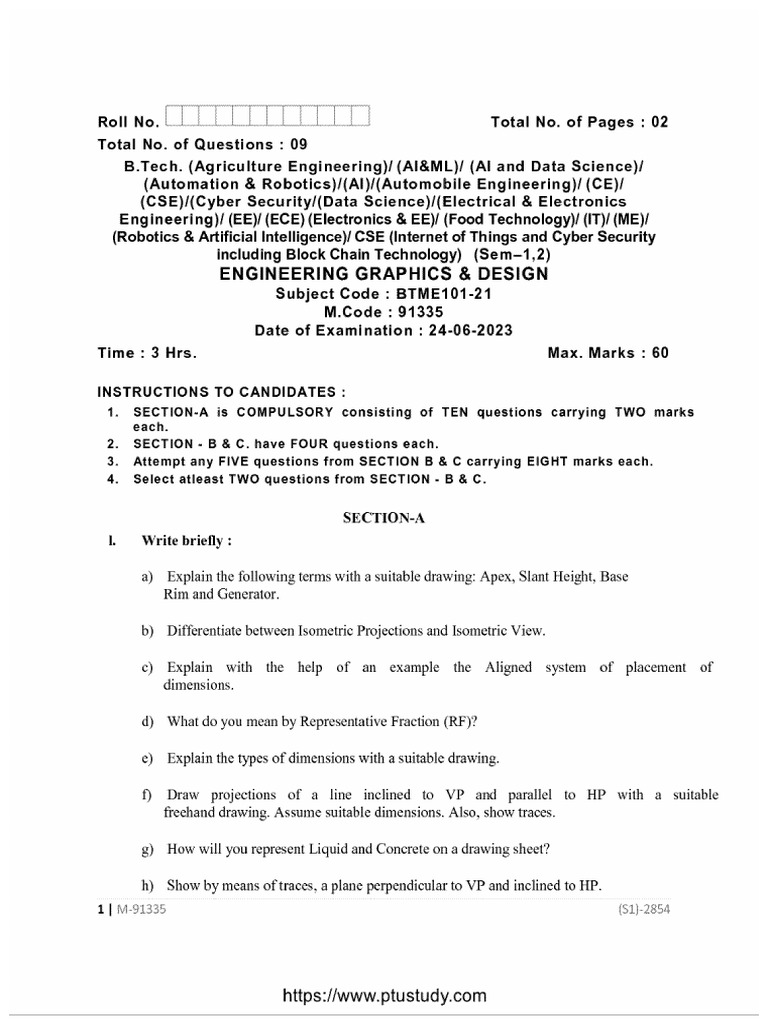 Btech 1 Sem 2 Sem Engineering Graphics and Design 91335 Jun 2023 | PDF