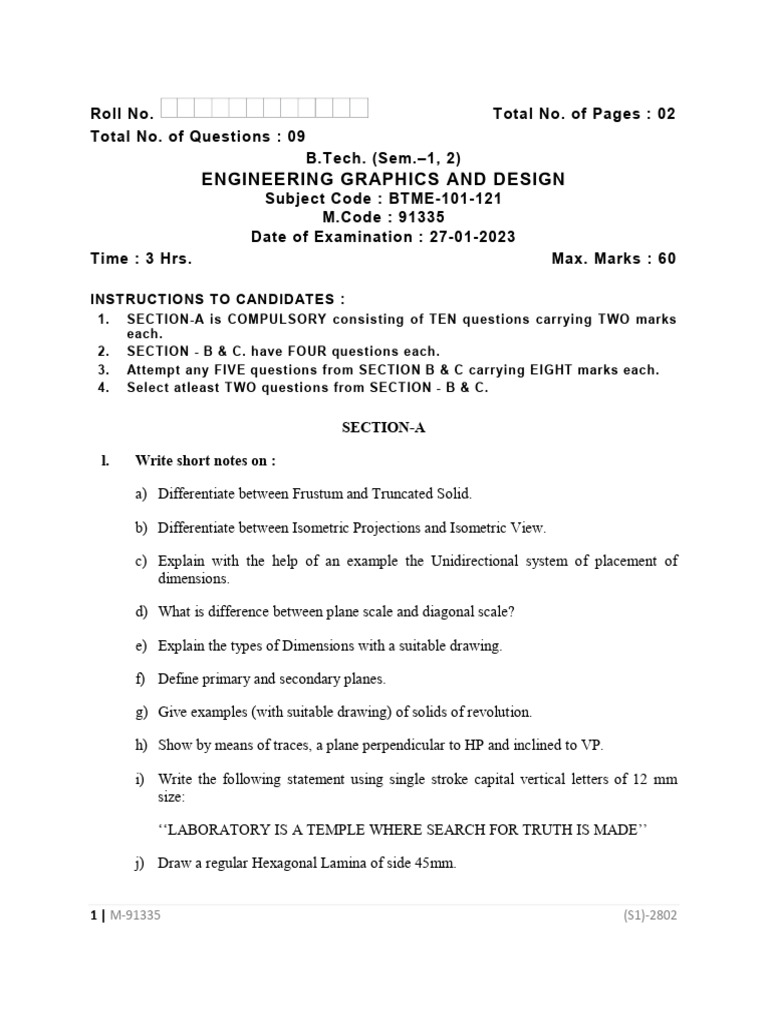 Btech 1 Sem 2 Sem Engineering Graphics and Design 91335 Jan 2023 | PDF ...