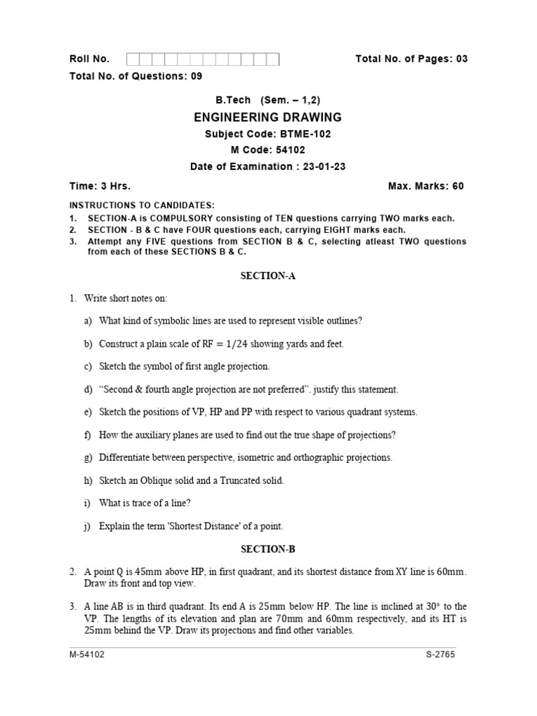 Engineering Drawing Exam Paper 2023 | PDF | Euclidean Geometry | Geometry