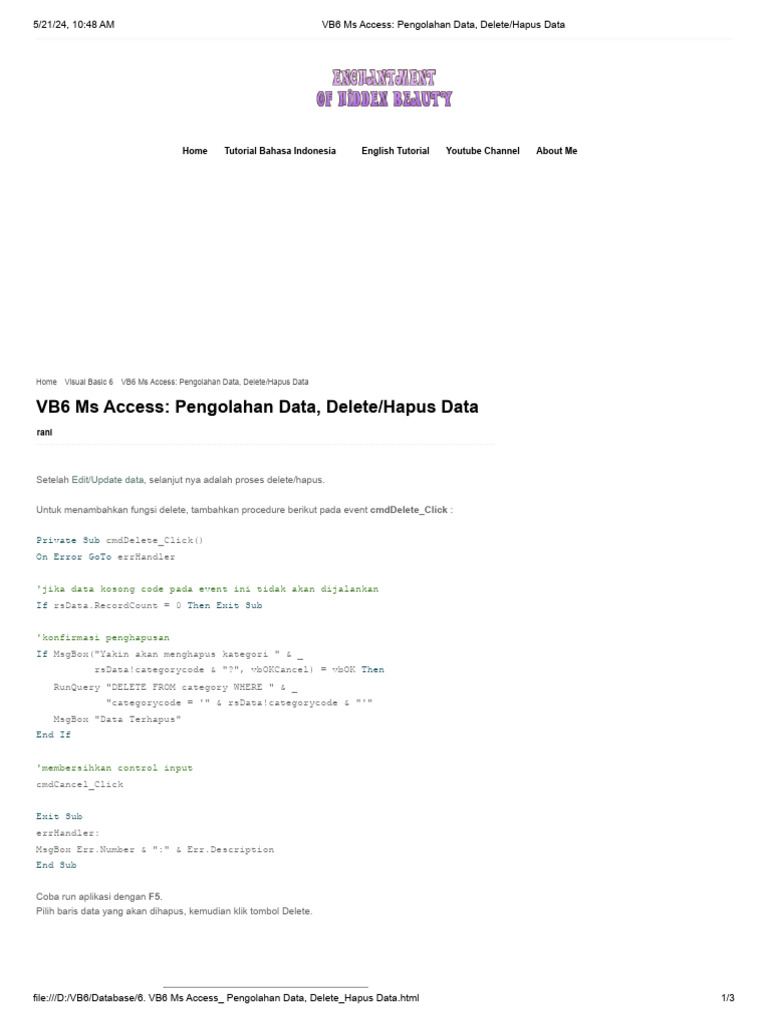 VB6 Ms Access - Pengolahan Data, Delete - Hapus Data | PDF