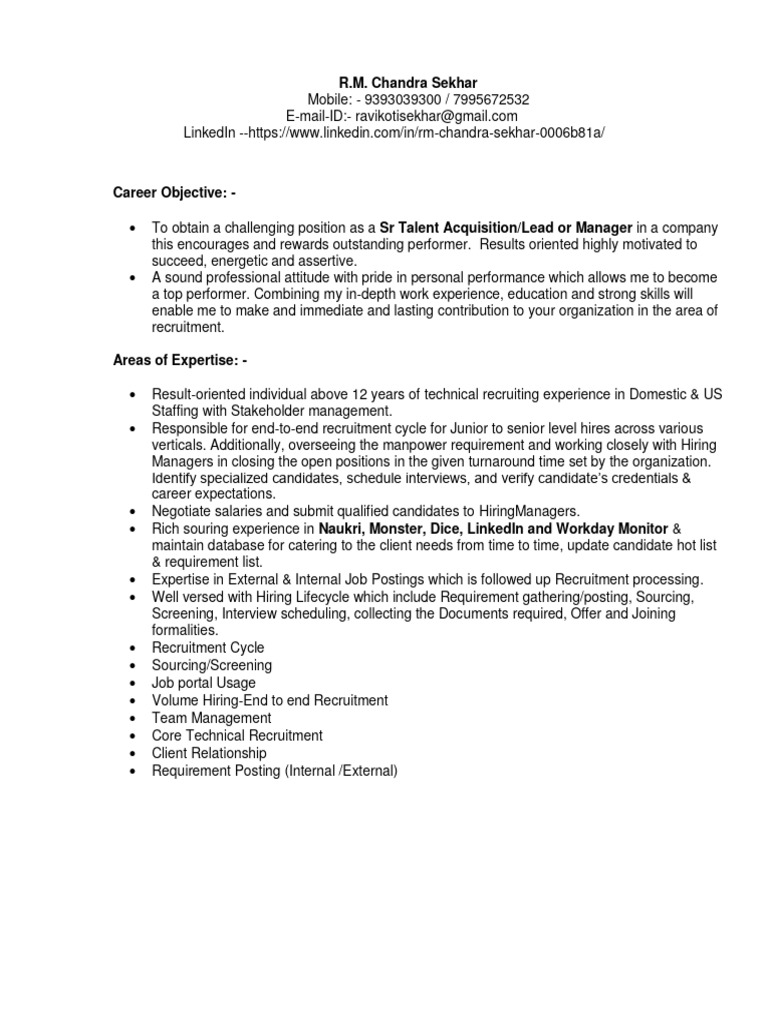 RM CHANDRASEKHAR Resume 2 | PDF | Recruitment | Business