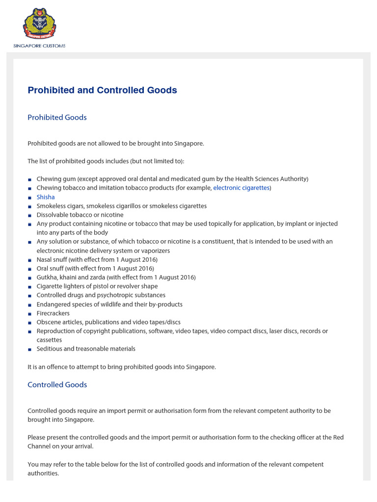 Singapore Customs - Prohibited and Controlled Goods | PDF | Tobacco ...