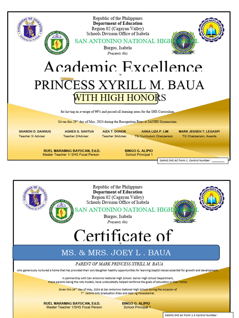 Template Certificate Academic Excellence Award 1 | PDF | Teachers ...
