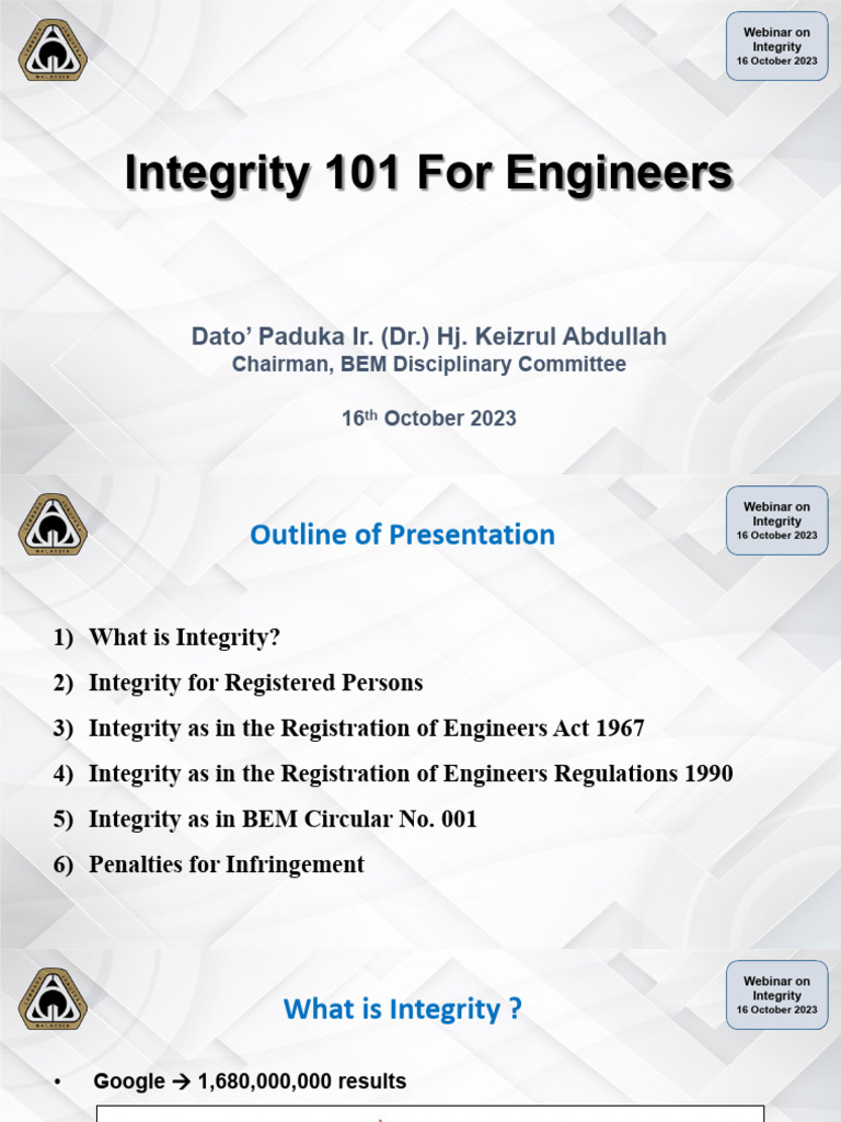 Integrity 101 For Engineers - DATUK PADUKA Ir. (DR.) HJ. KEIZRUL BIN ABDULLAH | PDF | Integrity ...