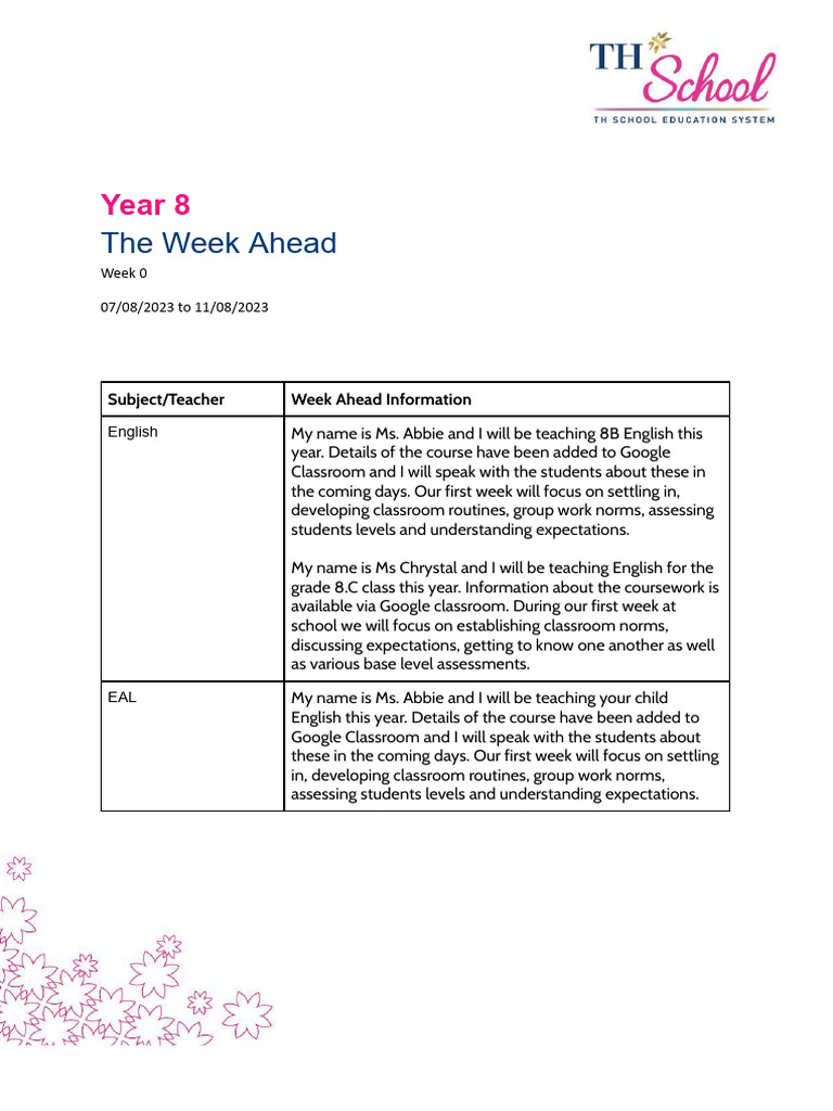 The Week Ahead 8.13.2023 8B | PDF | Physical Education | Learning