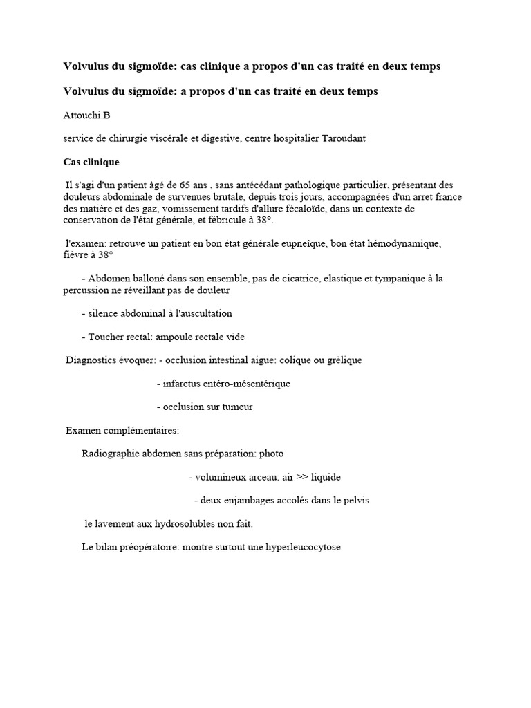 Volvulus sigmoïde : cas traité en un temps | PDF | Médecine clinique ...