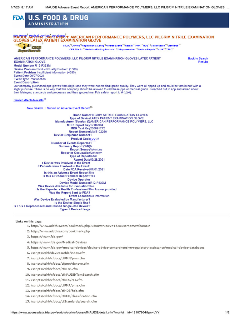 SAMPLE MAUDE Adverse Event Report - LATEX PATIENT EXAMINATION GLOVE | PDF | Food And Drug ...