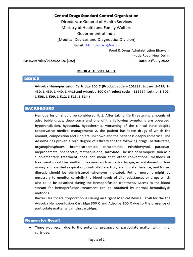 Sample Field Safety Alert Baxter India Pvt. Ltd. | PDF | Coma | Medical ...