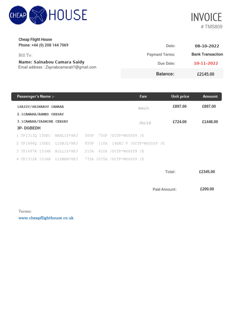 Cheap Flight House Invoice for Camara | PDF