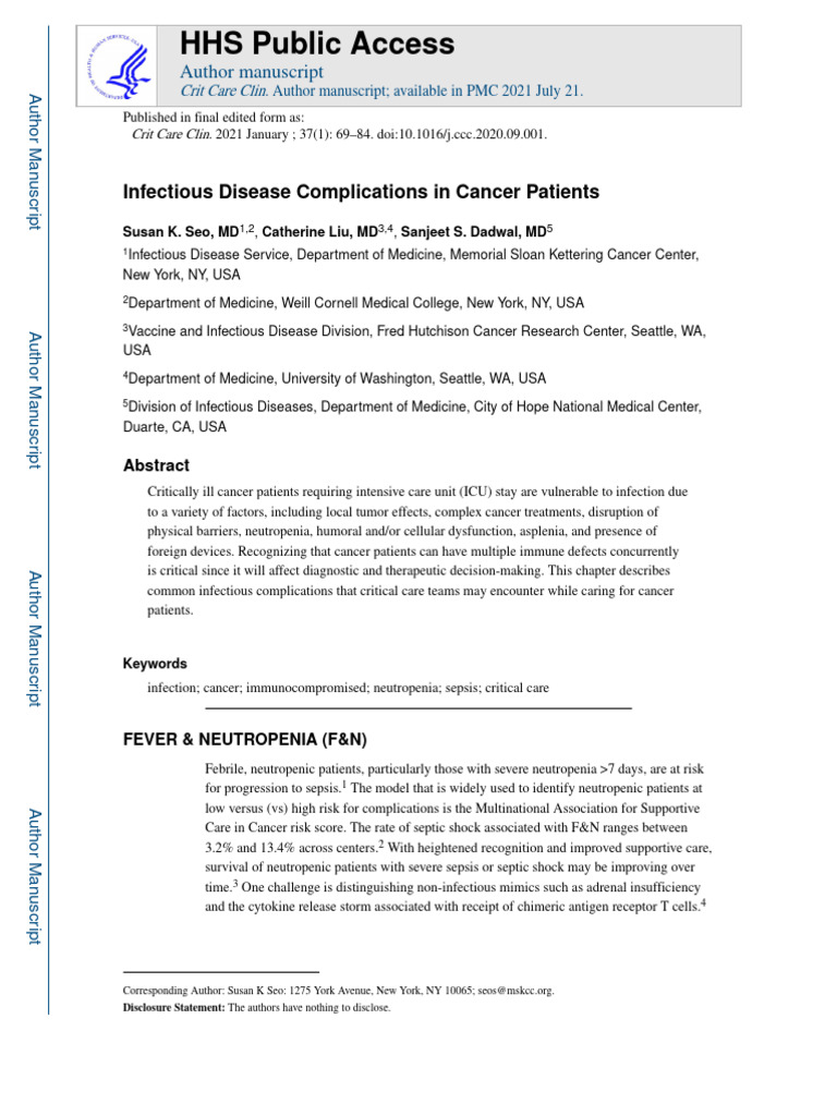 Infection Complication in Cancer Patients | PDF | Pneumonia | Urinary ...