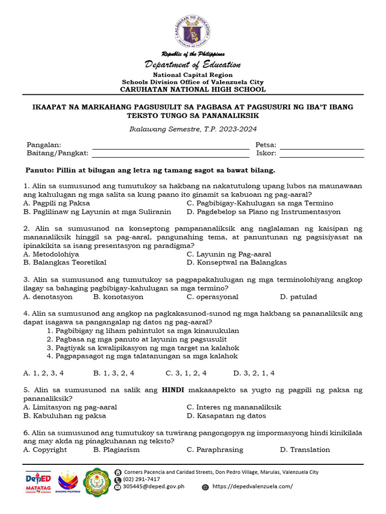 Pagbasa at Pagsusuri NG Ibat Ibang Teksto Tungo Sa Pananaliksik Q4 Exam ...