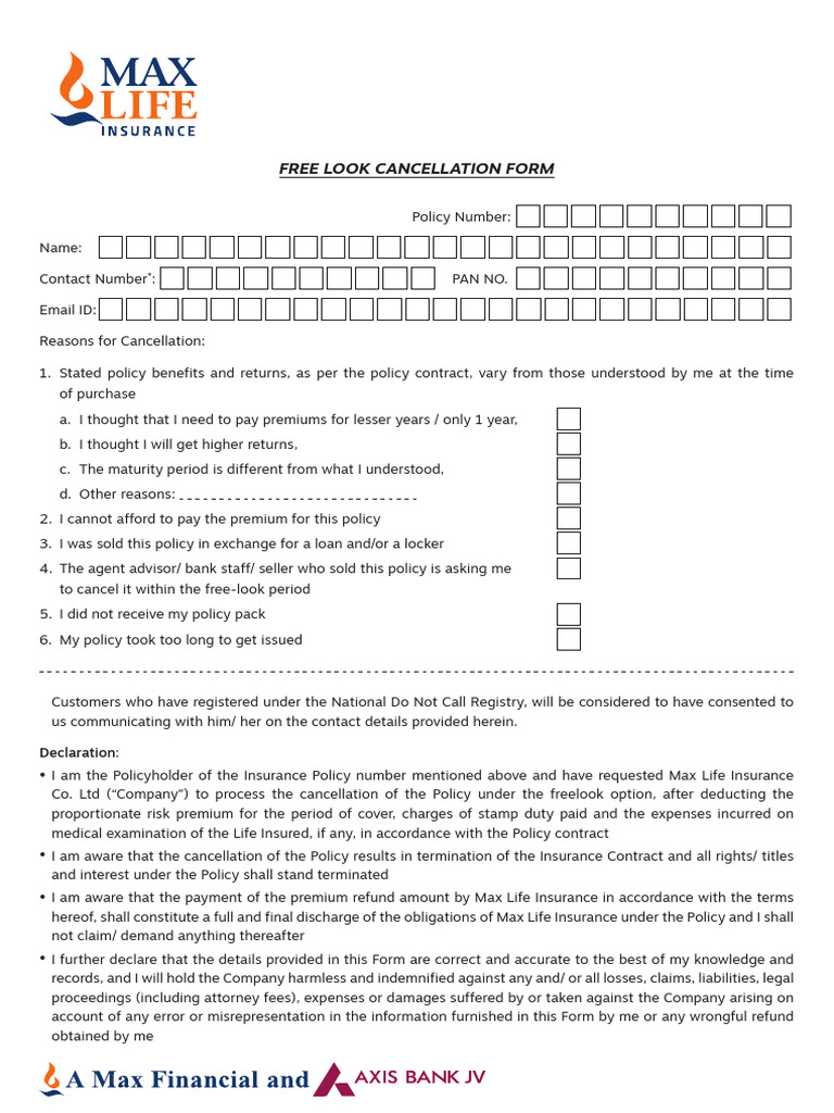 Max Life Insurance Free Look Cancellation Form | PDF | Insurance | Life ...