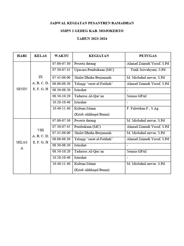 Jadwal Pesantren Ramadhan SMPN 2 2024 | PDF
