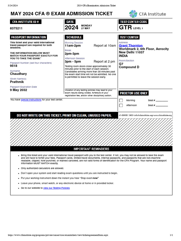 May 2024 CFA Examination Admission Tick 240526 9518 | PDF | Passport ...