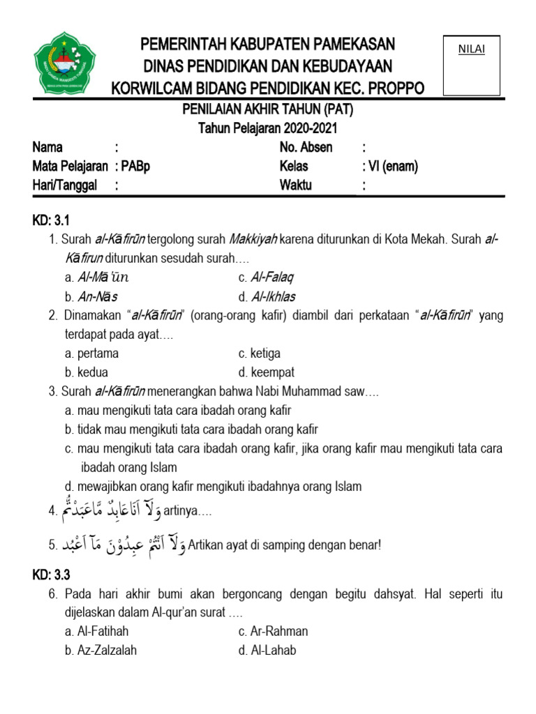 Soal PAT Kelas 6 2020-2021 | PDF