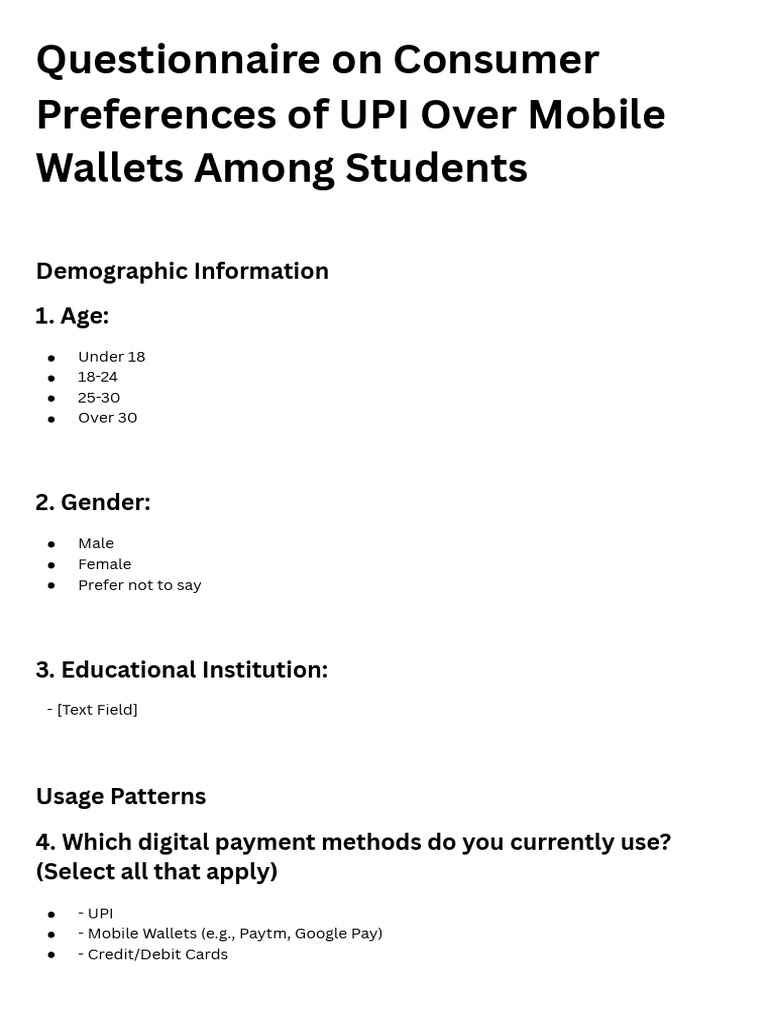 Questionnaire On Consumer Preferences of UPI Over Mobile Wallets Among ...