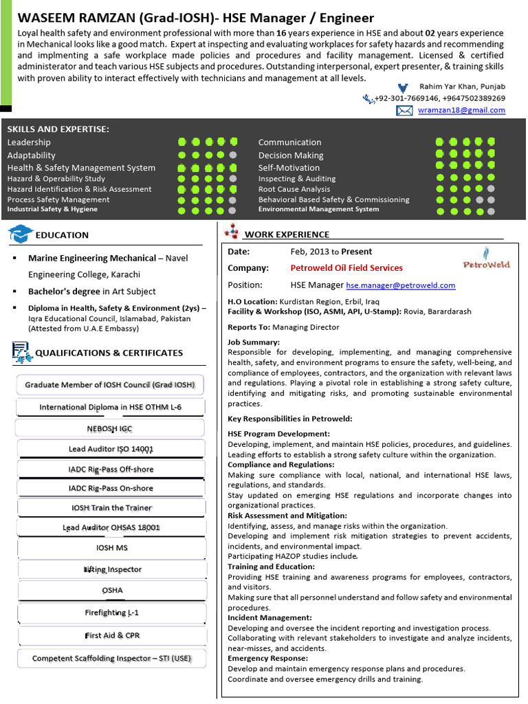 CV Waseem HSE Manager 1 2023 Updated | PDF | Occupational Safety And ... CV Waseem HSE Manager 1 2023 Updated | PDF | Occupational Safety And ...