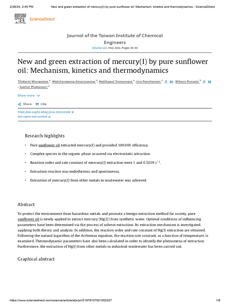 New and Green Extraction of Mercury (I) by Pure Sunflower Oil | PDF ...