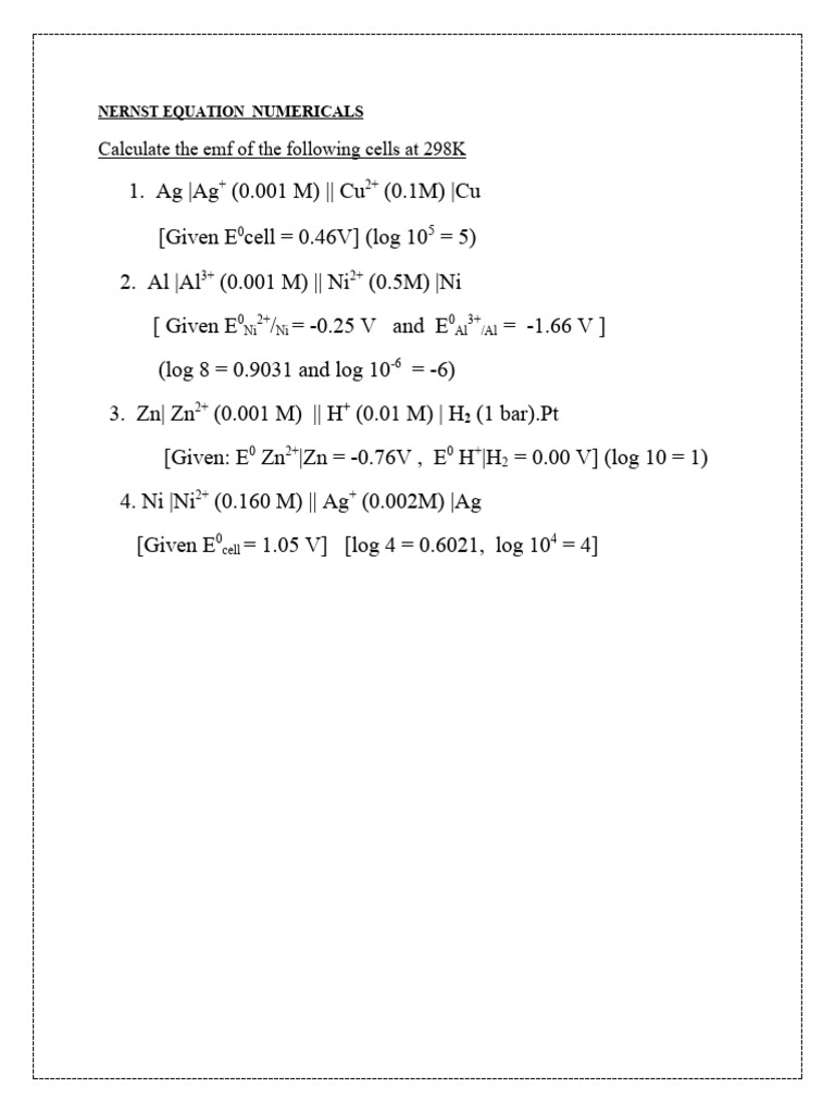 Nernst Equation Numericals | PDF