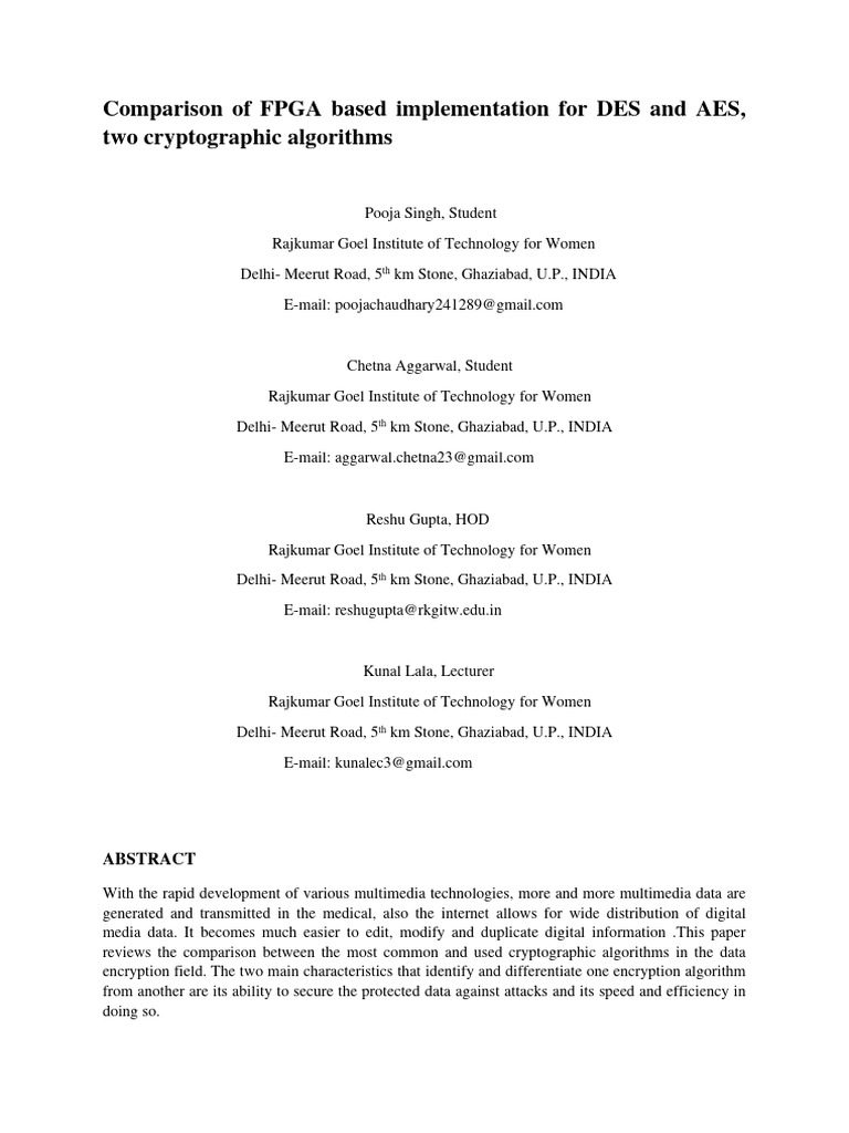 Aes And Des Performance Comparison Pdf Cryptography Encryption