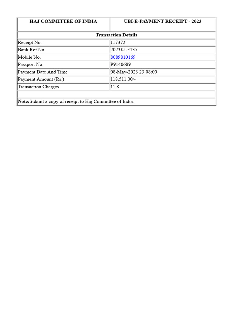 Haj Payment Receipt 2023 | PDF