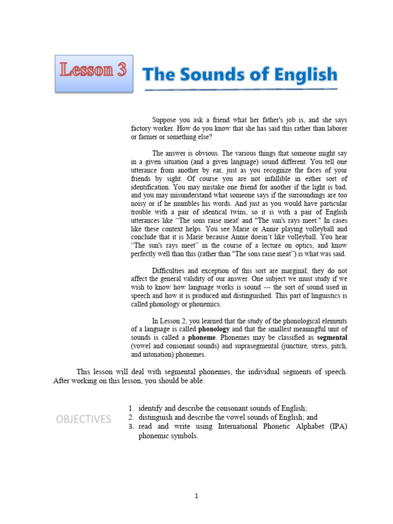 Introductionto-Linguistics_Module-1_Lesson-3 | PDF | Phoneme | Vowel Introductionto-Linguistics_Module-1_Lesson-3 | PDF | Phoneme | Vowel
